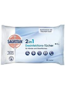 Reckitt Benckiser Deutschland GmbH SAGROTAN 2in1 Desinfektionstücher, Feuchttücher zur Hand- und Flächendesinfektion, 1 Packung = 15 Tücher