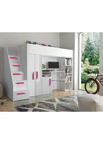Feldmann-Wohnen Hochbett PARTY (Etagenbett mit Schreibtisch + Kleiderschrank) Farbe wählbar