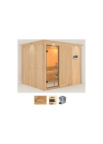 Karibu Sauna »Gitte«, BxTxH: 245 x 210 x 202 cm, 68 mm, (Set) 9-kW-Bio-Ofen mit externer Steuerung, beige