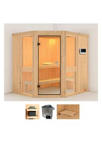 Karibu Sauna »Aline 1«, BxTxH: 196 x 170 x 198 cm, 68 mm, (Set) 9-kW-Ofen mit externer Steuerung, beige