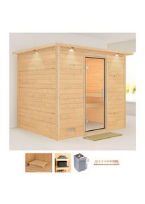 Karibu Sauna »Soraja«, BxTxH: 259 x 210 x 205 cm, 40 mm, (Set) 9-kW-Ofen mit integrierter Steuerung, beige