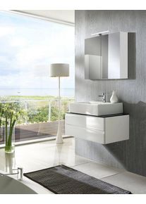 HOMEXPERTS Waschbeckenunterschrank Sharpcut in Hochglanz weiß mit Grifffräsung und Glasplatte, B 80, H 33, T 47 cm, weiß