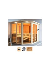 Karibu Sauna »Avril«, BxTxH: 245 x 210 x 202 cm, 68 mm, (Set) 9-kW-Bio-Ofen mit externer Steuerung, beige