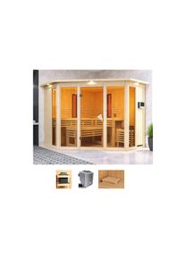 Karibu Sauna »Adele«, BxTxH: 245 x 245 x 202 cm, 68 mm, (Set) 9-kW-Bio-Ofen mit ext. Steuerung, inkl. 2 Infrarot-Vitalightstrahlern, beige