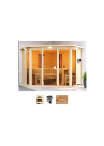 Karibu Sauna »Adele«, BxTxH: 245 x 245 x 202 cm, 68 mm, (Set) 9-kW-Ofen mit externer Steuerung, inkl. 2 Infrarot-Vitalightstrahlern, beige