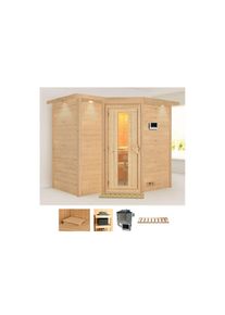 Karibu Sauna »Sanna 2«, BxTxH: 264 x 198 x 212 cm, 40 mm, (Set) 9-kW-Ofen mit externer Steuerung, beige