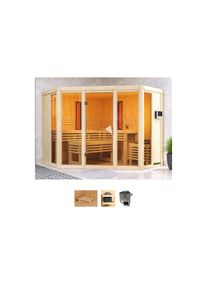 Karibu Sauna »Adele«, BxTxH: 231 x 231 x 198 cm, 68 mm, (Set) 9-kW-Ofen mit externer Steuerung, inkl. 2 Infrarot-Vitalightstrahlern, beige
