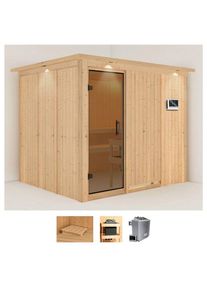 Karibu Sauna »Gitte«, BxTxH: 245 x 210 x 202 cm, 68 mm, (Set) 9-kW-Ofen mit externer Steuerung, beige