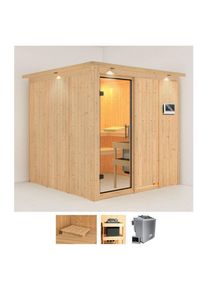 Karibu Sauna »Romina«, BxTxH: 210 x 210 x 202 cm, 68 mm, (Set) 9-kW-Bio-Ofen mit externer Steuerung, beige