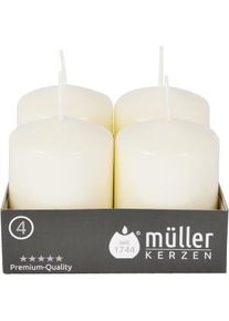 Müller Kerzen Stumpenkerze BSS, vanille, Hochwertige Stumpenkerze mit integrierter Durchbrandsperre, 1 Packung = 4 Stück, (Ø x H): 48 x 62 mm