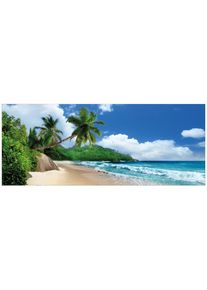 Wallario Acrylglasbild, Urlaub auf den Seychellen unter Palmen am Sandstrand
