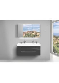Intarbad Design Doppelwaschtisch Badezimmer Set mit Unterschrank und LED Spiegelschrank Beton Anthrazit