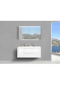 Intarbad Design Badmöbel Cubo 120 cm Doppelwaschtisch weiß hochglanz, mit Unterschrank Led Spiegelschrank Beton Anthrazit