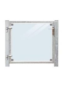 Zaunpforte des Design Glas Zauns - Anschlag links 116 x 90 cm zum Einbetonieren aus 6 mm starkem Klarglas mit Rahmen aus verzinktem Stahl