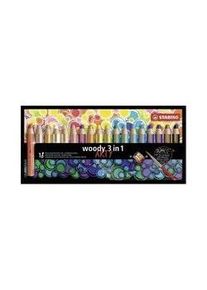 Buntstift, Wasserfarbe & Wachsmalkreide - Stabilo woody 3 in 1 - ARTY - 18er Pack mit Spitzer und Pinsel - mit 18 verschiedenen Farben