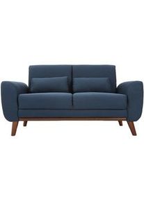 Miliboo Design-Sofa 2 Plätze Stoff Blau und Füße Nussbaum EKTOR