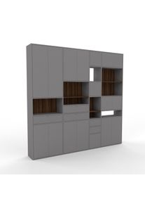 MYCS Wohnwand Grau - Individuelle Designer-Regalwand: Schubladen in Grau & Türen in Grau - Hochwertige Materialien - 264 x 252 x 34 cm, Konfigurator
