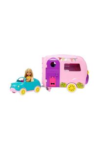Mattel® Puppenwohnwagen Barbie Club Chelsea mit Wohnwagen und Auto 10tlg. Spielzeug-Set Campingspiel Camper Cabrio Puppe