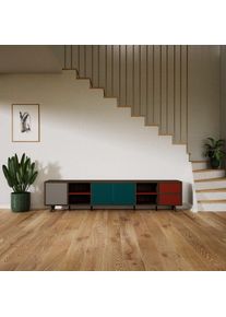 MYCS Sideboard Nussbaum - Sideboard: Schubladen in Terrakotta & Türen in Blaugrün - Hochwertige Materialien - 231 x 52 x 34 cm, konfigurierbar