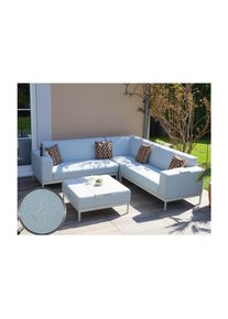 Alu-Garten-Garnitur MCW-C47, Sofa, Outdoor Stoff/Textil ~ blau mit Ablage, Kissen braun