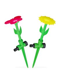 Relaxdays Sprinkler Blume, 2er Set, Spritzblume Garten, Rasensprenger Kinder, mit Erdspieß, HxD: 34 x 10 cm, rot/gelb