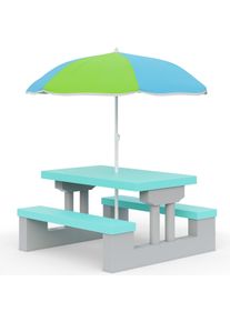 Spielwerk Kindersitzgruppe Sonnenschirm Tisch Bänke UV Schutz Waschbar Wasserfest Abgerundete Ecken Mint-Grau Outdoor Picknicktisch Kindertisch Garten