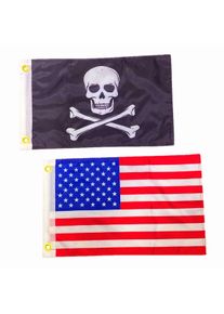 ANCONINE Doppelseitige Bootsflagge Pirat Jolly Roger Schädel und amerikanische Flagge, 30,5 x 45,7 cm für Boot, strapazierfähig, 3-lagig, 220D Polyester, doppelt genäht und Flaggen mit 2 Messingösen.