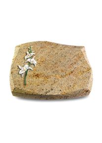 Generic Grabplatte, Grabstein, Grabkissen, Urnengrabstein, Liegegrabstein Modell Galaxie 40 x 30 x 7 cm Kashmir-Granit, poliert inkl. Gravur (Bronze-Color-Ornament Orchidee)