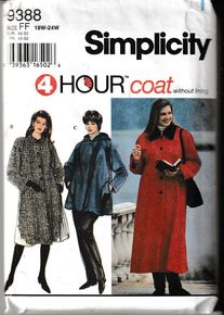Simplicity Sewing Pattern 9388 c.1995 Misses' 4 Hour Coat, Size FF (18W-24W)