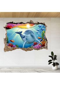 Generic 3D lebendige Wandtattoos Charming Dolphin Play Underwater 3D Smashed View Wall Sticker Poster Decal