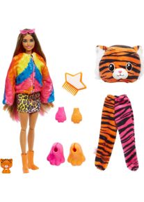 Barbie-Puppen und Accessoires, Cutie Reveal-Puppe im Tiger-Plüschkostüm und 10 Überraschungen, einschließlich Farbwechseleffekt, Dschungel-Reihe, HKP99
