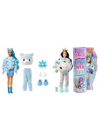 Barbie HJL63 - Cutie Reveal Winter-Schneeflocken Serie-Puppe mit Husky-Plüschkostüm und 10 Überraschungen inklusive kleinem Haustier und Farbwechsel & HJL58 - Cutie Reveal Puppe mit Einhorn Kostüm