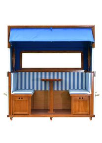 DeVries Gosch-Lounge Strandkorb 6-Sitzer Mahagoni PVC Weiss Dessin Blau/Weiss