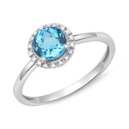 UNIQUE Halo-Ring 14K Weißgold 18 Diamanten Blautopas