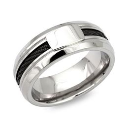 UNIQUE Moderner Ring Edelstahl mit schwarzem Stahlseil
