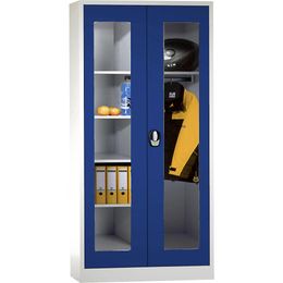 Wolf Garderoben-Mehrzweckschrank mit E-Schloss, mit Sichtfenstertüren, lichtgrau / enzianblau