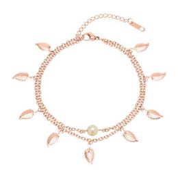 UNIQUE Rosévergoldete Fußkette Blätter Perle zweireihig