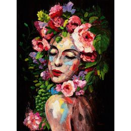 Flamingo Royale Gem&auml;lde auf Leinwand H&uuml;bsche Frau mit Blumenper&uuml;cke I, 90x 120 cm Acrylbild handgemaltes Bild