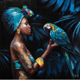 Flamingo Royale Gem&auml;lde auf Leinwand Sch&ouml;nheit mit blauem Papagei, 100x 100 cm Acrylbild handgemaltes Bild