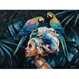 Flamingo Royale Gem&auml;lde auf Leinwand Sch&ouml;nheit mit 2 blauen Papageien, 90x 120 cm Acrylbild handgemaltes Bild