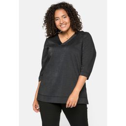 sheego Große Größen: Shirt mit 3/4-Arm, V-Ausschnitt und Effektgarn, schwarz, Gr.48/50