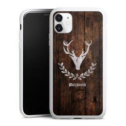 DeinDesign Handyhülle Hirsch Holzoptik Holz Platzhirsch, Apple iPhone 11 Silikon Hülle Bumper Case Handy Schutzhülle, weiß