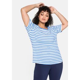 sheego Große Größen: T-Shirt mit Streifen und Rundhalsausschnitt, jeansblau-weiß, Gr.56/58