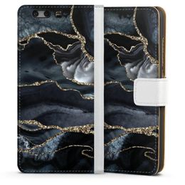 DeinDesign Handyhülle Glitzer Look Marmor Trends Dark marble gold Glitter look, Huawei P10 Hülle Handy Flip Case Wallet Cover Handytasche Leder, weiß