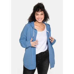 sheego Große Größen: Sweatjacke mit Kapuze und kleinem Brust-Print, jeansblau, Gr.48/50