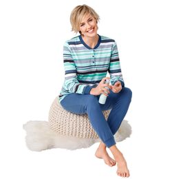 wäschepur Schlafanzug WÄSCHEPUR Gr. 52/54, blau (blau, geringelt) Damen Homewear-Sets Pyjamas