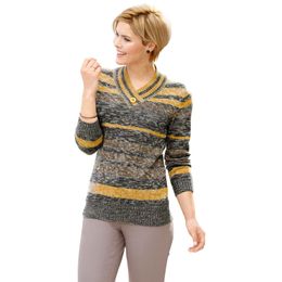 V-Ausschnitt-Pullover Casual Looks "Pullover" Gr. 44, gelb (curry, anthrazit, geringelt) Damen Pullover V-Pullover