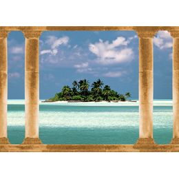 papermoon Fototapete "Palmeninsel Malediven" Tapeten Gr. B/L: 5 m x 2,8 m, Bahnen: 10 St., bunt (mehrfarbig) Fototapeten