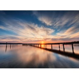 papermoon Fototapete "Lake Sunset Wooden Pier" Tapeten Gr. B/L: 5 m x 2,8 m, Bahnen: 10 St., bunt (mehrfarbig) Fototapeten