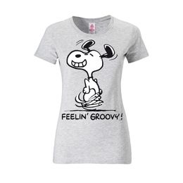 logoshirt T-Shirt 'Snoopy &ndash; Feelin' Groovy!' Damen Gr&ouml;&szlig;e L grau / schwarz / wei&szlig;
